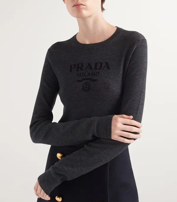 Prada Wool-blend Superfine Logo Sweater - Grey