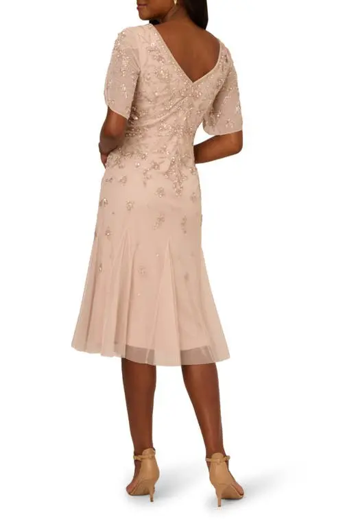Adrianna Papell Beaded Mesh Godet Midi Dress - Shell | Editorialist