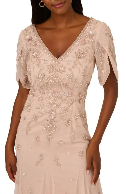Adrianna Papell Beaded Mesh Godet Midi Dress - Shell | Editorialist