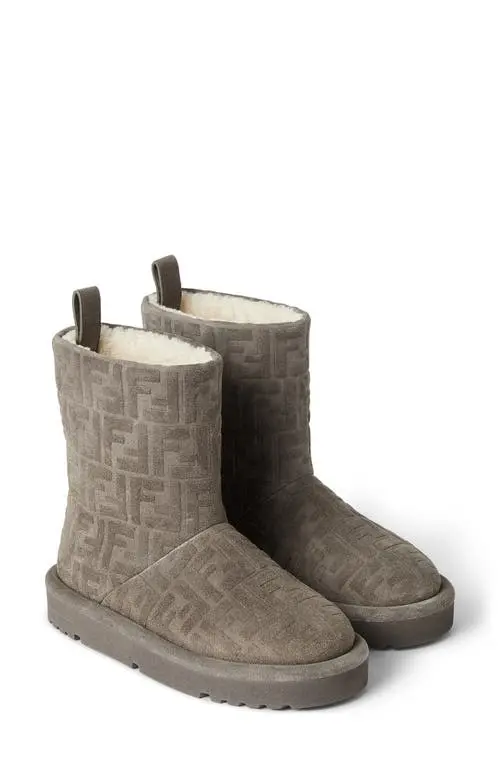 Fendi Ff Logo Shearling-lined Bootie - Steel/latte