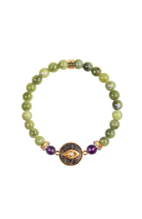 KARMA AND LUCK Jade Stone Evil Eye Beaded Bracelet - Green/purple/gold