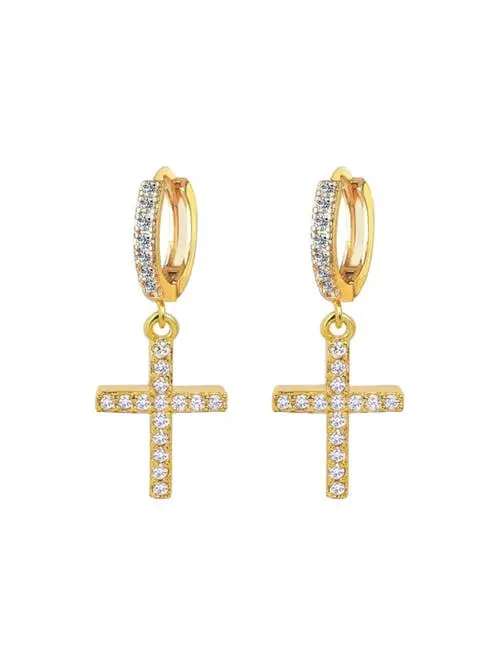 HOLLYWOOD SENSATION Cross Dangle Earrings With Zirconia - Gold