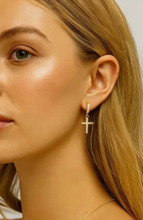 DLORIA Hollywood Sensation Cross Dangle Earrings With Zirconia - Gold