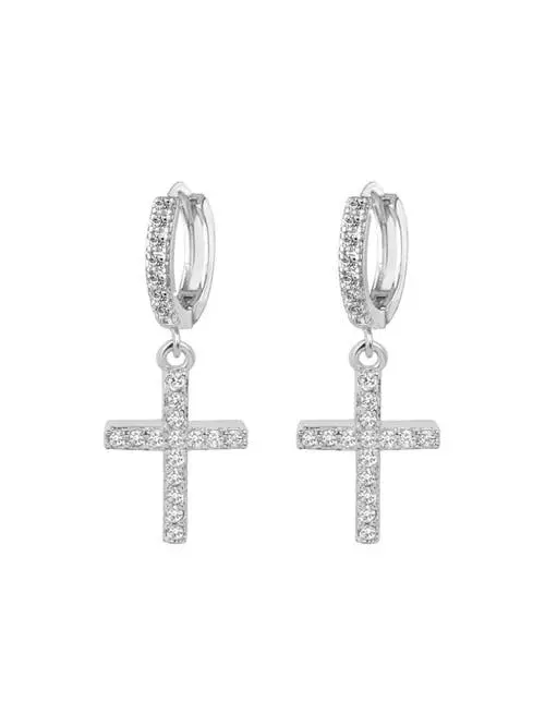 HOLLYWOOD SENSATION Cross Dangle Earrings With Zirconia - Silver