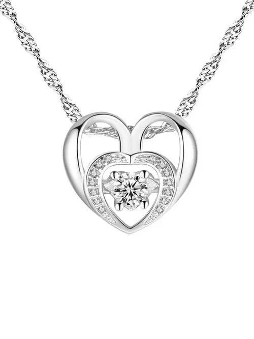 HOLLYWOOD SENSATION White Gold-plated Double Heart Zirconia Pendant Necklace - Silver