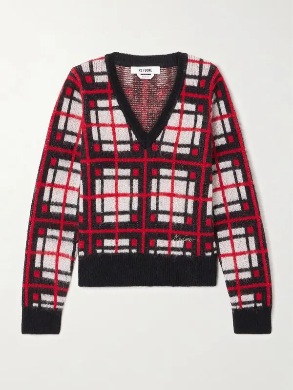 RE/DONE Embroidered Checked Jacquard-knit Sweater
