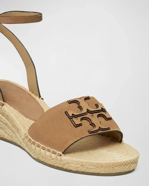 Tory Burch Ines Suede Double T Wedge Espadrille Sandals - Noisette