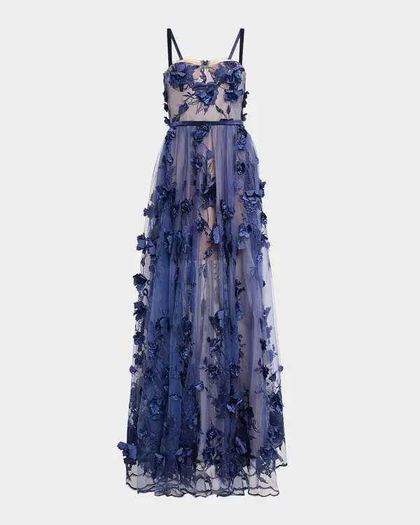 Bronx And Banco Anastasia Embroidered Floral Applique Gown In Navy