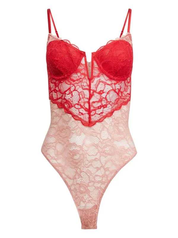 FLEUR DU MAL Bouquet Lace Heart Bodysuit - Red