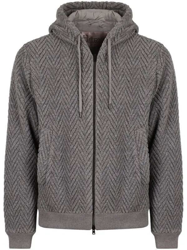 Herno Herringbone Pattern Zip-up Jacket With Drawstring Hood
