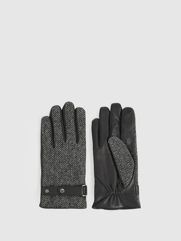 REISS Vaughn Leather And Wool-blend Herringbone Gloves - Black