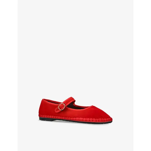FLABELUS Mellark Tonal-piping Velvet Mary Jane Flats - Red