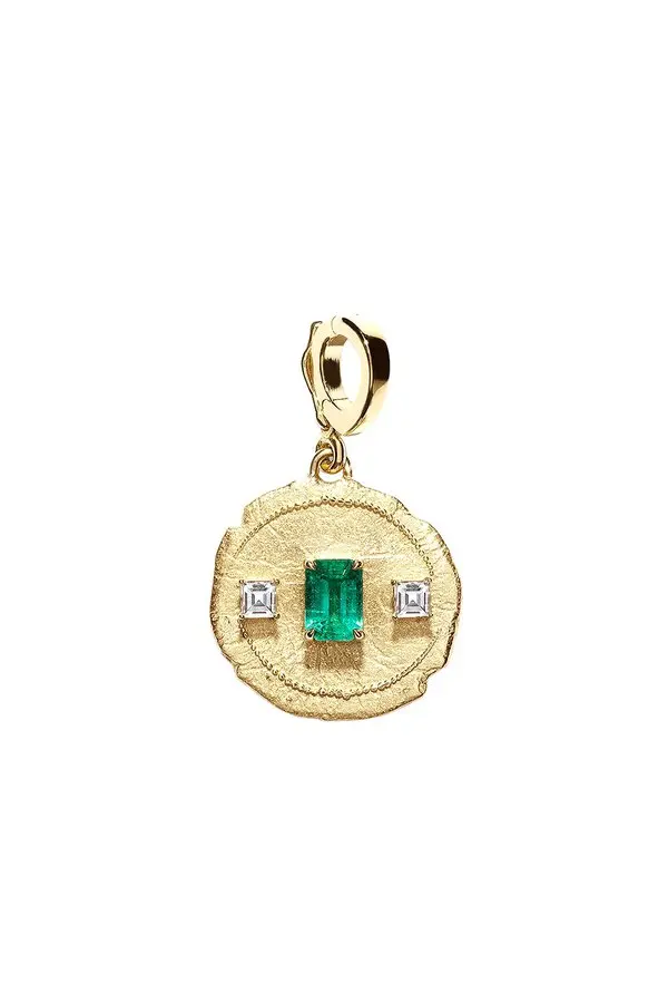 AZLEE Trio Small Emerald Coin Charm - 18k Yellow Gold & Emerald