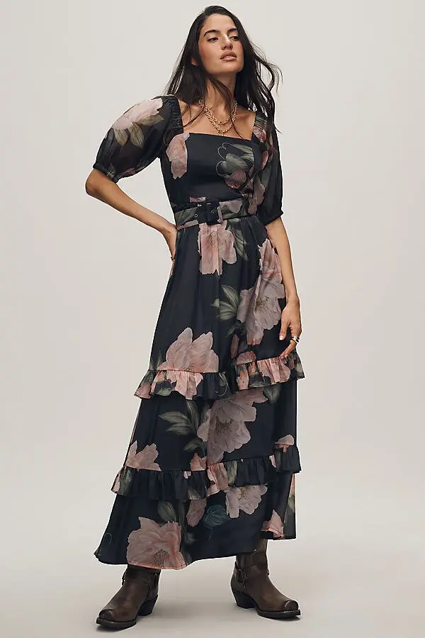 HUTCH Puff-sleeve Ruffled Midi Dress - Black Floral
