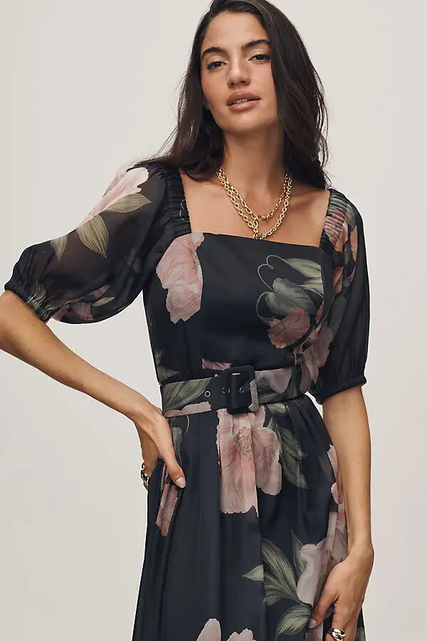 HUTCH Puff-sleeve Ruffled Midi Dress - Black Floral