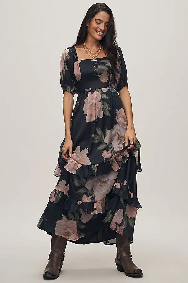 HUTCH Puff-sleeve Ruffled Midi Dress - Black Floral
