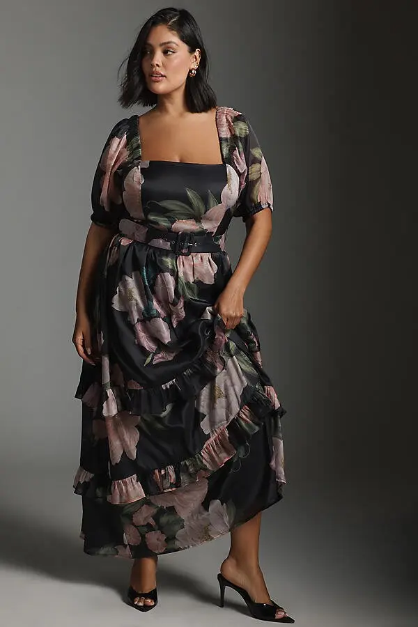 HUTCH Puff-sleeve Ruffled Midi Dress - Black Floral