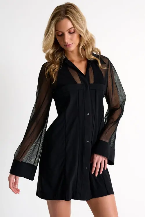Shan Grid Mesh Beach Shirt-dress - Black