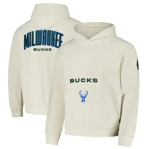 THE WILD COLLECTIVE Milwaukee Bucks Corduroy Pullover Hoodie - Cream