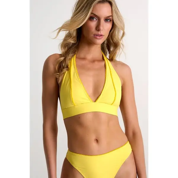 Shan Halter Triangle Bikini Top With Frayed Details - Yellow