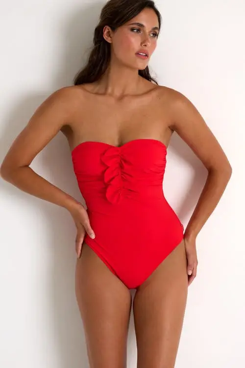 Shan One-piece Bandeau Swimsuit With Petal Detailing - Red