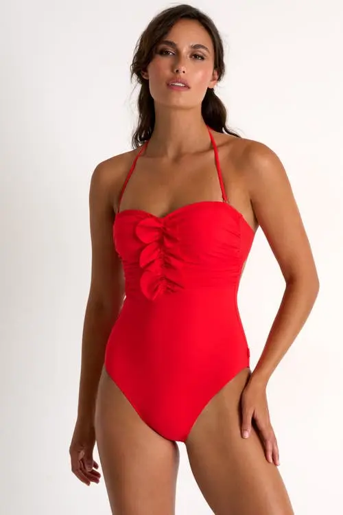 Shan One-piece Bandeau Swimsuit With Petal Detailing - Red