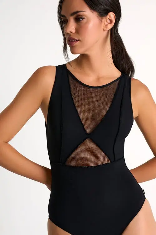 Shan High-neck Grid Mesh One-piece - Black