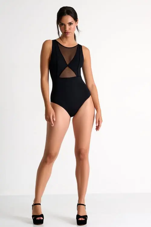 Shan High-neck Grid Mesh One-piece - Black