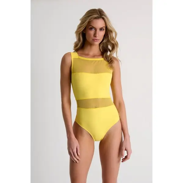 Shan Grid Mesh High-neck One-piece - Yellow