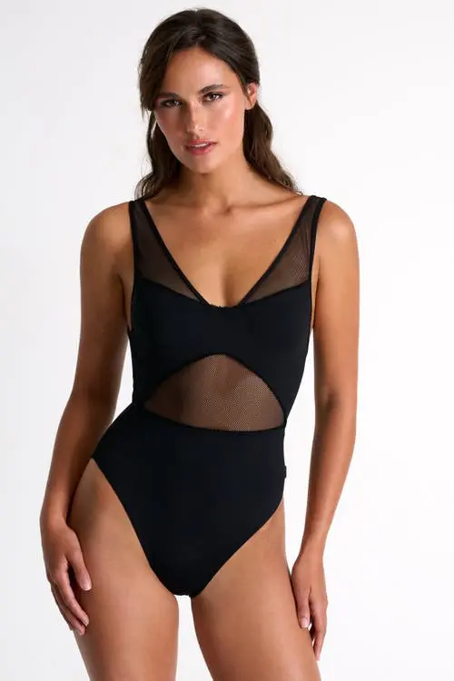 Shan Grid Mesh Plunging One-piece - Black