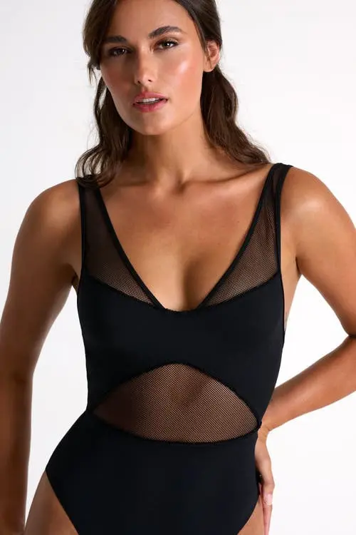 Shan Grid Mesh Plunging One-piece - Black