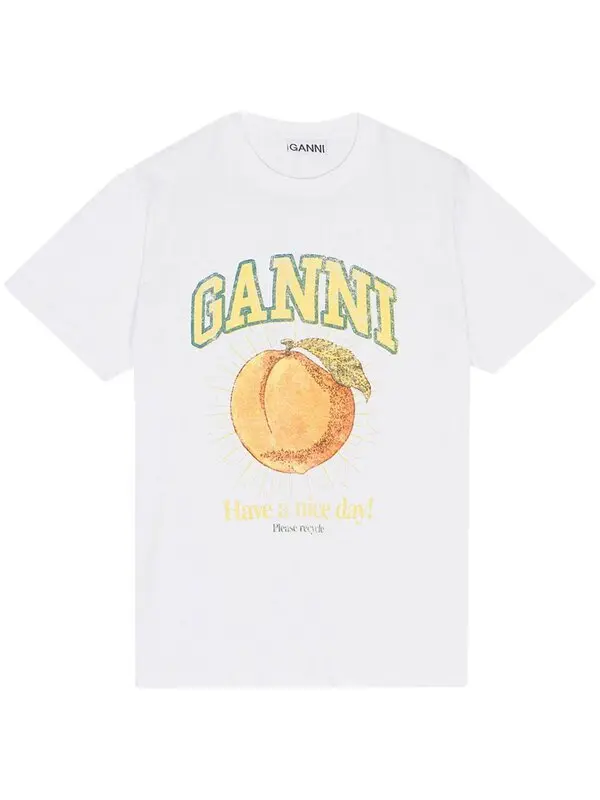 GANNI Peach Print Cotton T-shirt - White