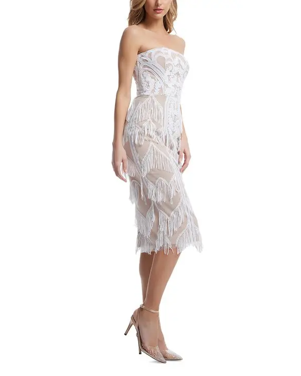 Dress The Population Viviana Fringe Trim Dress - White-nude