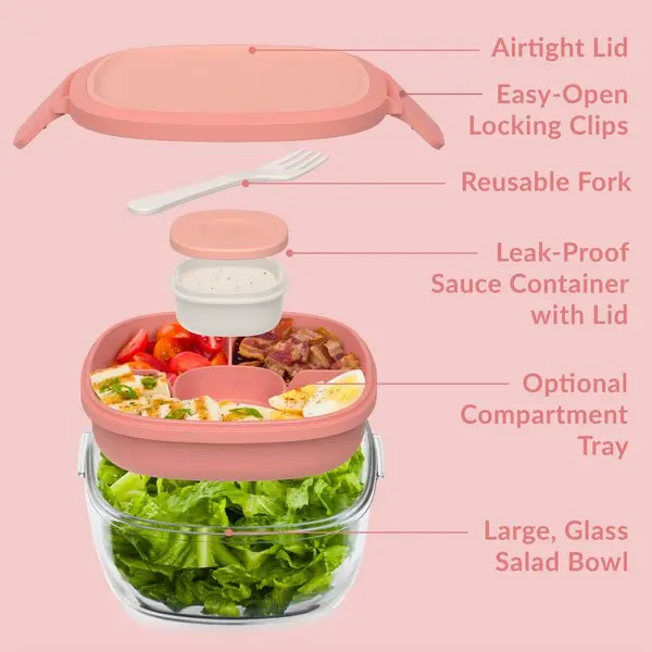 BENTGO Glass Leak Proof Salad Container - Coral Wash