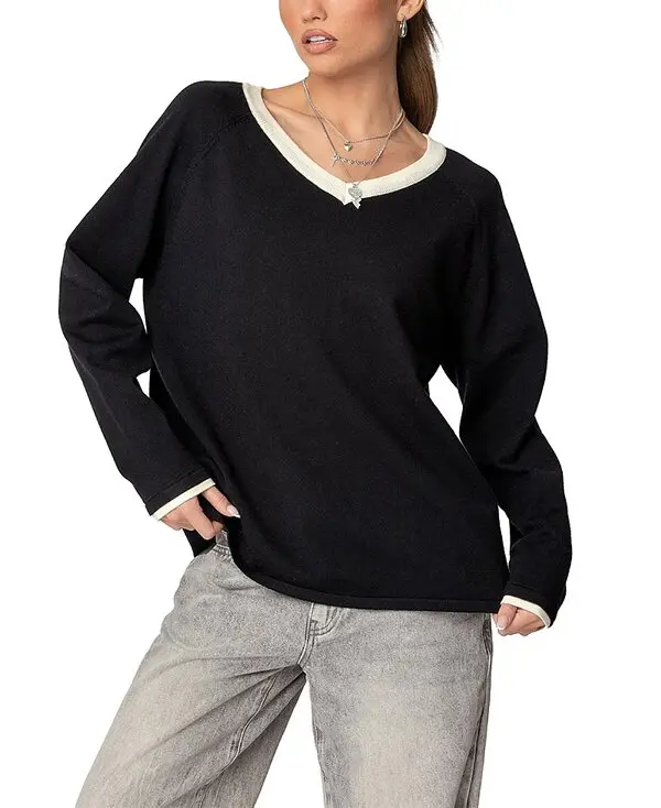 EDIKTED Contrast V-neck Knit Sweater