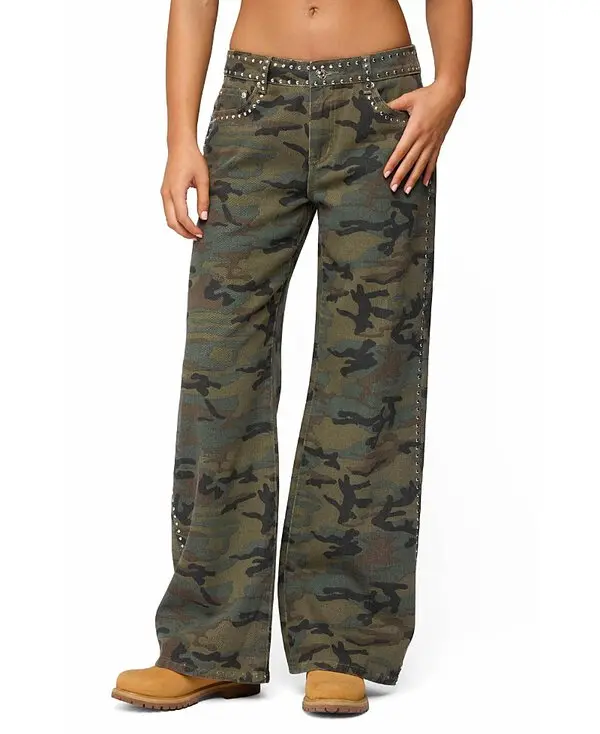 EDIKTED Quincy Studded Baggy Jeans - Olive-washed