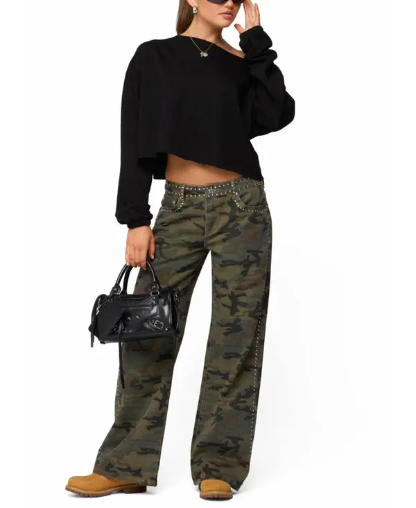 EDIKTED Quincy Studded Baggy Jeans - Olive-washed