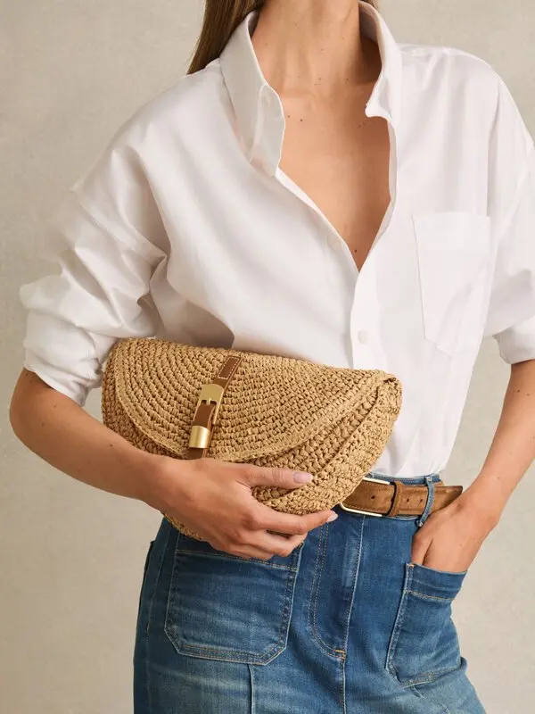 REISS Aria Raffia Half-moon Clutch