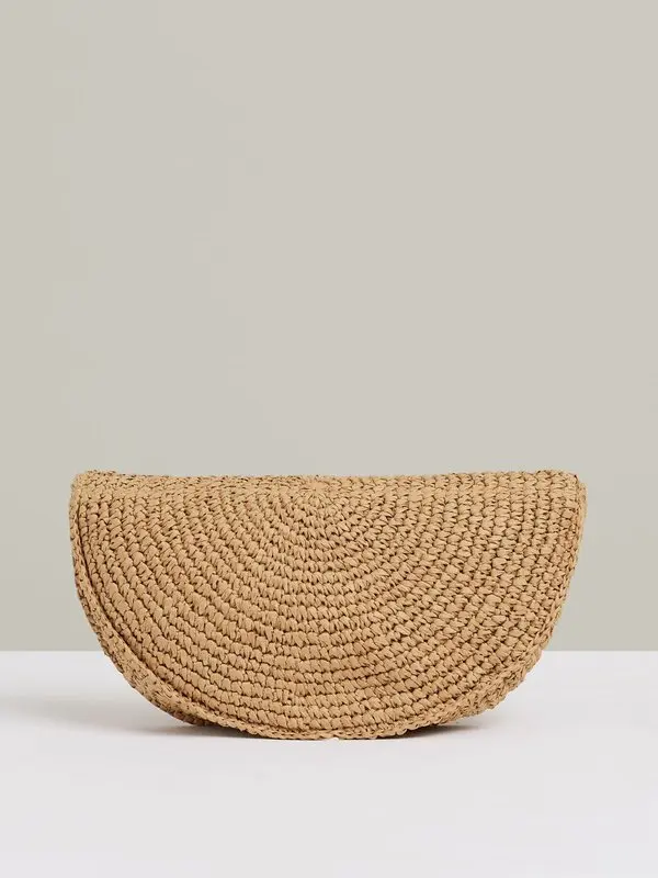 REISS Aria Raffia Half-moon Clutch