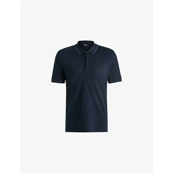 BOSS Short-sleeved Zip-up Cotton Polo Shirt - Dark Blue