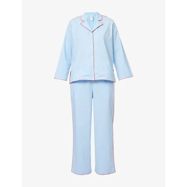 Desmond & Dempsey Contrast-trim Long-sleeve Cotton Pyjama Set - Blue