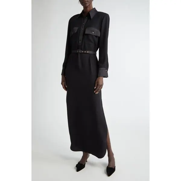 St. John Long Sleeve Satin Back Crepe Shirtdress