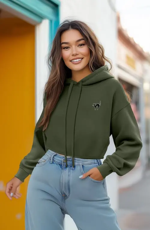 DALIX Cat Cropped Fleece Hoodie - Military Green