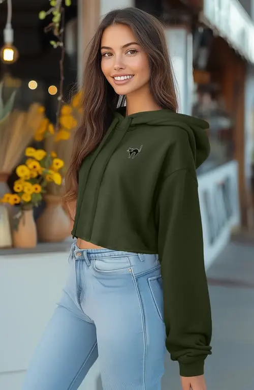 DALIX Cat Cropped Fleece Hoodie - Military Green