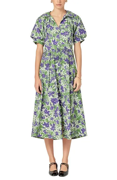 English Factory Print Pleat Midi Dress - Olive Multi