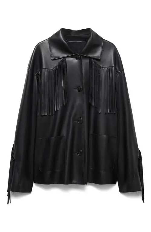 Mango Fringe Trim Faux Leather Jacket