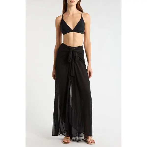 HUTCH Floral Tie Waist Wide Leg Cover-up Pants - Black Solid