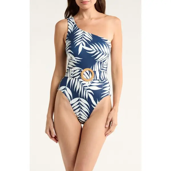 HUTCH One-shoulder O-ring One-piece Swimsuit - Navy Paradise Foliage