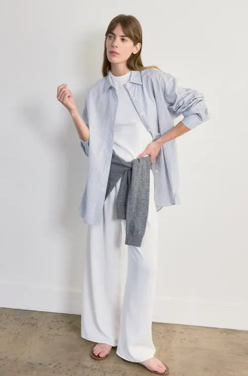 Almina Concept Oversized Cotton Shirt - Light Blue Stripe Ice White
