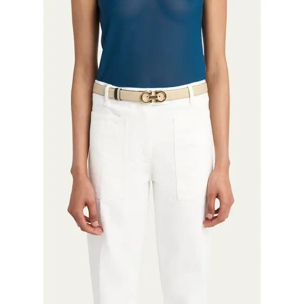 FERRAGAMO Mediterranean Gancini Skinny Leather Belt - Gray